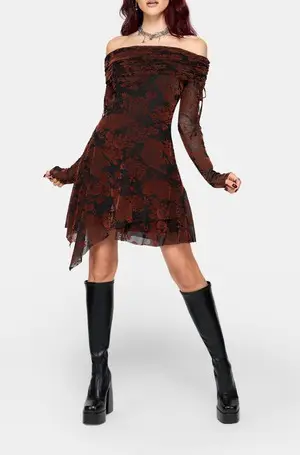 DISTURBIA Allegra Bardot Flocked Mini Dress - Black