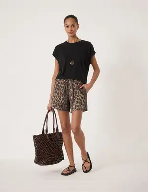HUSH Betty Leopard Print Pull-on Denim Shorts