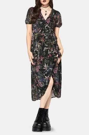 DISTURBIA Elide Orchid Wrap Midi Dress - Black