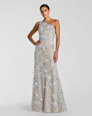 Mac Duggal Petite Sleeveless One Shoulder Embellished Lace Gown