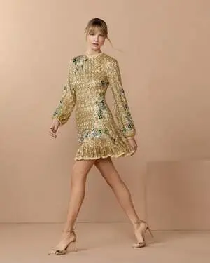 MAC DUGGAL COLLECTION Gold Floral Hand Beaded Long Sleeve Mini Dress - Gold Multi
