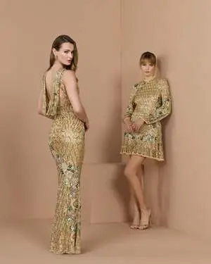 MAC DUGGAL COLLECTION Gold Floral Hand Beaded Long Sleeve Mini Dress