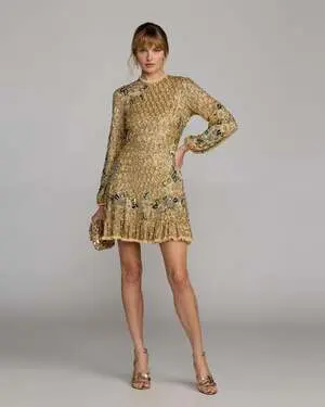 MAC DUGGAL COLLECTION Gold Floral Hand Beaded Long Sleeve Mini Dress