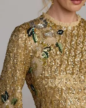 MAC DUGGAL COLLECTION Gold Floral Hand Beaded Long Sleeve Mini Dress