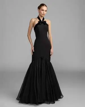 Mac Duggal Petite Sleeveless Halter Neck Mermaid Gown With Bow - Black