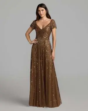 Mac Duggal Sequined Evening Gown With Embellished Shoulders