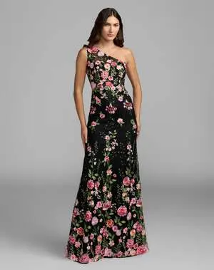Mac Duggal Petite One Shoulder Floral Embroidered Gown - Black