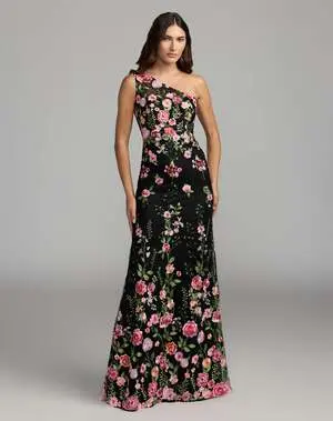 Mac Duggal One Shoulder Floral Embroidered Gown - Black