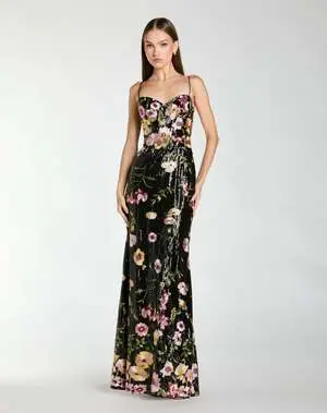 Mac Duggal Petite Sleeveless Bustier Floral Applique Gown