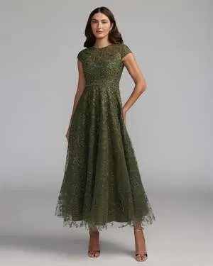 Mac Duggal Deep Embroidered Tulle Midi Dress - Green