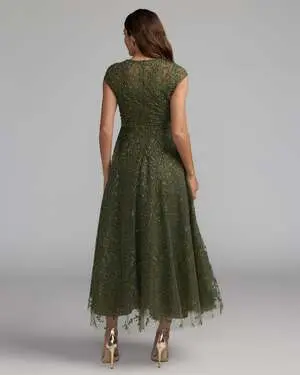 Mac Duggal Deep Embroidered Tulle Midi Dress