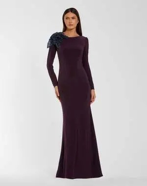 Mac Duggal Purple Long Sleeve Jersey Gown With 3d Flower