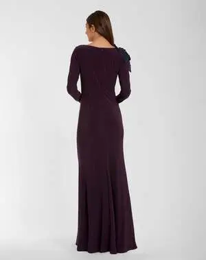 Mac Duggal Purple Long Sleeve Jersey Gown With 3d Flower