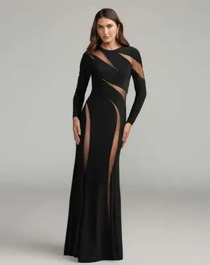 Mac Duggal Jersey Long Sleeve Illusion Cut Out Gown