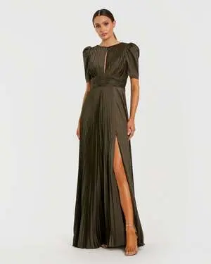 Mac Duggal Petite Dark Short Sleeve Pleated Evening Gown With Slit - Green