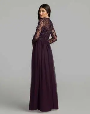 Mac Duggal Embellished Illusion High Neck Long Sleeve Gown