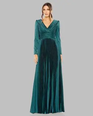 Mac Duggal Teal Pleated Long Sleeve V-neck Gown