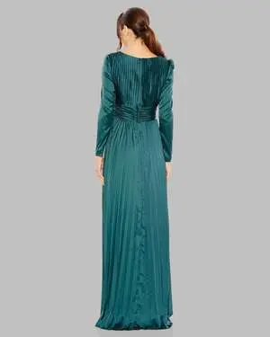 Mac Duggal Teal Pleated Long Sleeve V-neck Gown