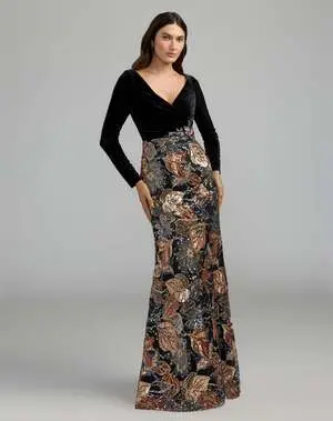 Mac Duggal Black Long Sleeve Floral Embellished Velvet Gown - Black Multi