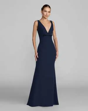 Mac Duggal Sleeveless V Neck Mermaid Gown With Bow - Navy