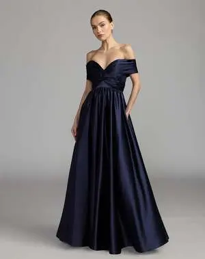 Mac Duggal Satin Off The Shoulder Twist Evening Ball Gown - Navy