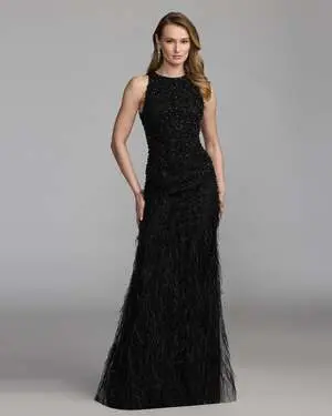 Mac Duggal Embellished Lace Sleeveless Feather Gown