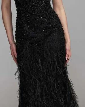 Mac Duggal Embellished Lace Sleeveless Feather Gown