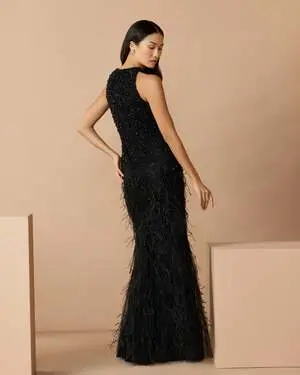 Mac Duggal Embellished Lace Sleeveless Feather Gown