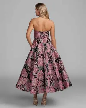 Mac Duggal And Black Strapless Brocade Midi Dress With Pockets