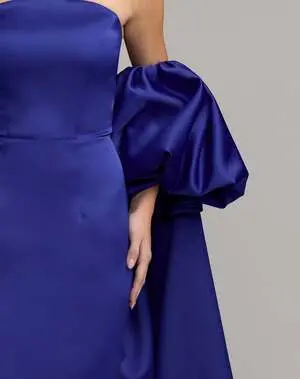Mac Duggal Strapless Puff Sleeve Satin Gown With Cape