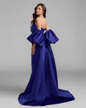 Mac Duggal Strapless Puff Sleeve Satin Gown With Cape