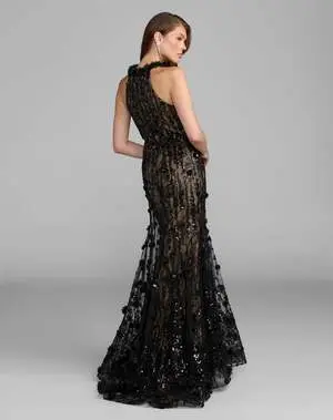 MAC DUGGAL COLLECTION Embellished Lace Halter Neck Mermaid Gown