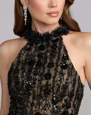 MAC DUGGAL COLLECTION Embellished Lace Halter Neck Mermaid Gown