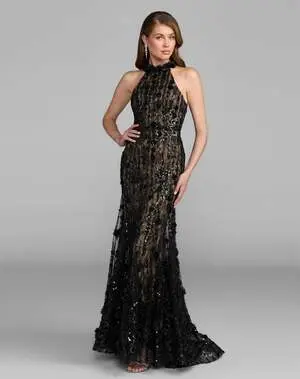MAC DUGGAL COLLECTION Embellished Lace Halter Neck Mermaid Gown
