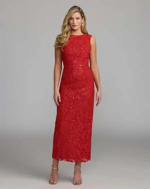 Mac Duggal Sleeveless Embroide Lace Midi Dress