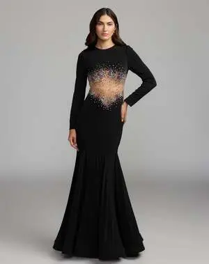 Mac Duggal Crystal Embellished Illusion Jersey Gown - Black