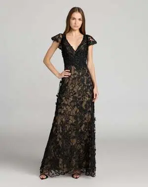 Mac Duggal Embroidered Applique Wrap Over Flutter Sleeve Gown