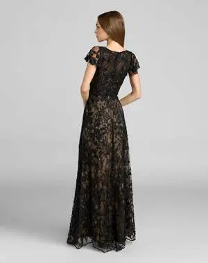 Mac Duggal Embroidered Applique Wrap Over Flutter Sleeve Gown