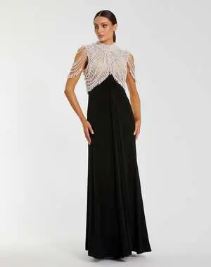 Mac Duggal Jersey Gown With Draped Pearl Beading - Black