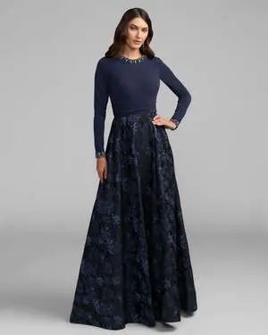 Mac Duggal Navy Floral Brocade A-line Gown With Pockets