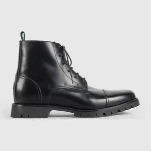 Gucci Lace-up Ankle Boot With Web Leather - Black