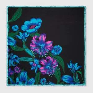Gucci Floral Double G Silk Twill Carr - Black