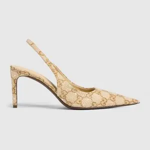 Gucci Gg Canvas Crystal Slingback Pumps - Beige