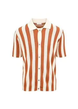 VAYLA Neutrals / Textured Fine-knit Vertical Stripe Polo Shirt Beige & Mocha - Brown