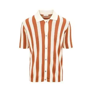 VAYLA Neutrals/ Textured Fine-knit Vertical Stripe Polo Shirt Beige & Mocha - Brown