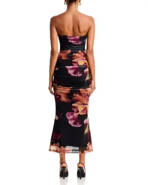 Aqua Placed Floral Mesh Strapless Maxi Dress