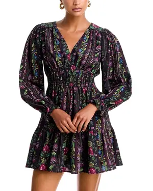 Aqua Floral Stripe V-neck Smocked Mini Dress
