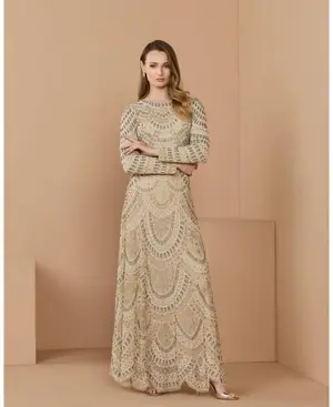 Mac Duggal Long Sleeve Beaded A-line Gown