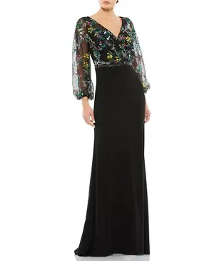 Mac Duggal Embroidered Illusion Puff Sleeve Gown