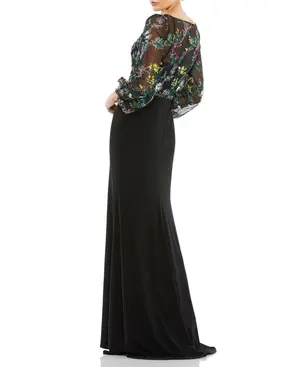 Mac Duggal Embroidered Illusion Puff Sleeve Gown